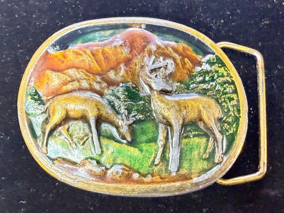 Deer Elk Buck Stag Enameled Wildlife Scene Indiana Metal Belt Buckle E ...