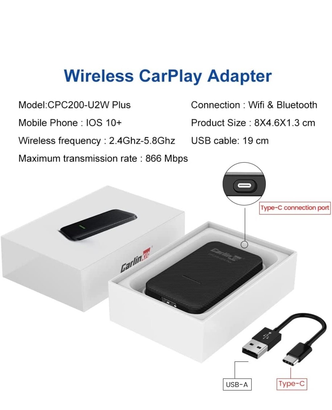 Garlin Kit CPC200-U2W Plus Black Wired Apple CarPlay to Wireless ...