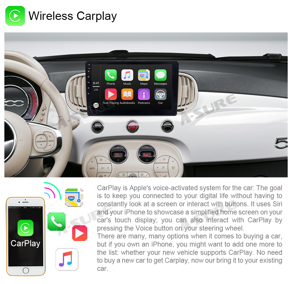 9'' Android 12 GPS Car Stereo Carplay Radio Sat Nav For Fiat 500 500C ...