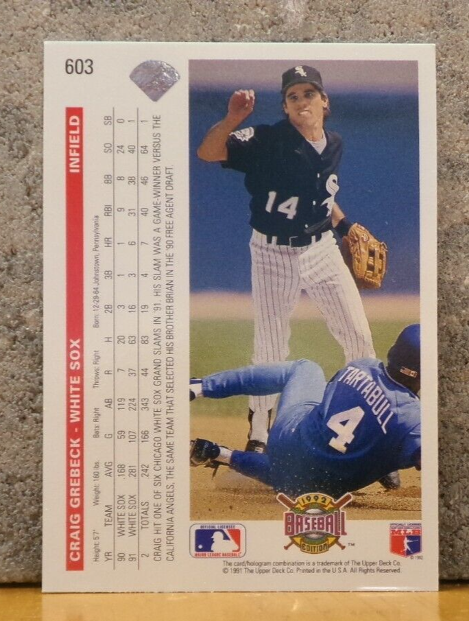 AWESOME PHOTO ON OLDER BASEBALL CARD WHITE SOX CRAIG GREBECK - HOME RUN ...