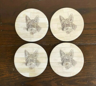 Set of Four Engraved Fox Coasters Black Wood Base | eBay