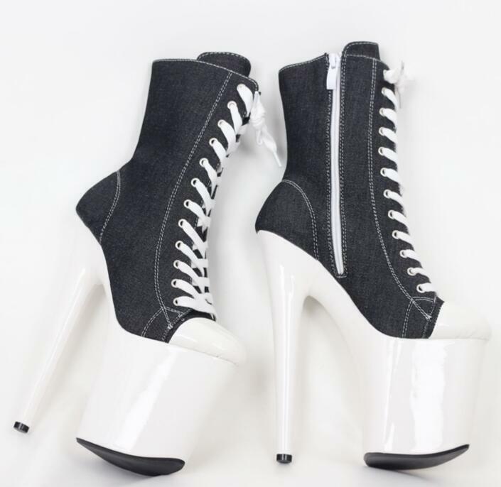 Womens Fashion Party 20cm Super High Heels Round Toe Lace Up Denim ...