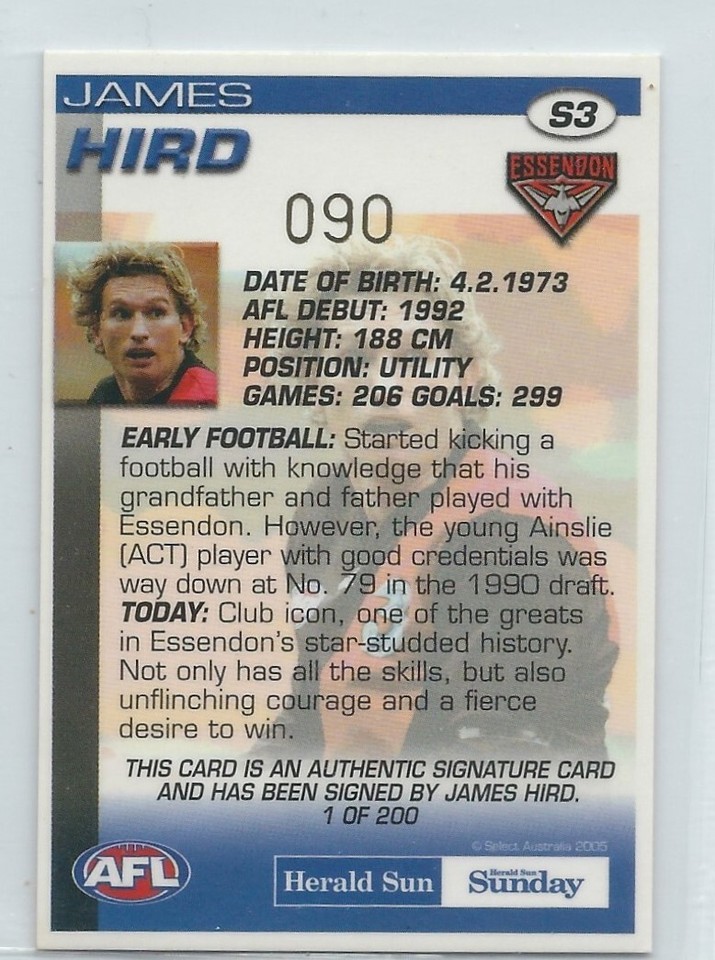 2005 Herald Sun AFL Trading Card Authentic Signature Card S3 James Hird ...
