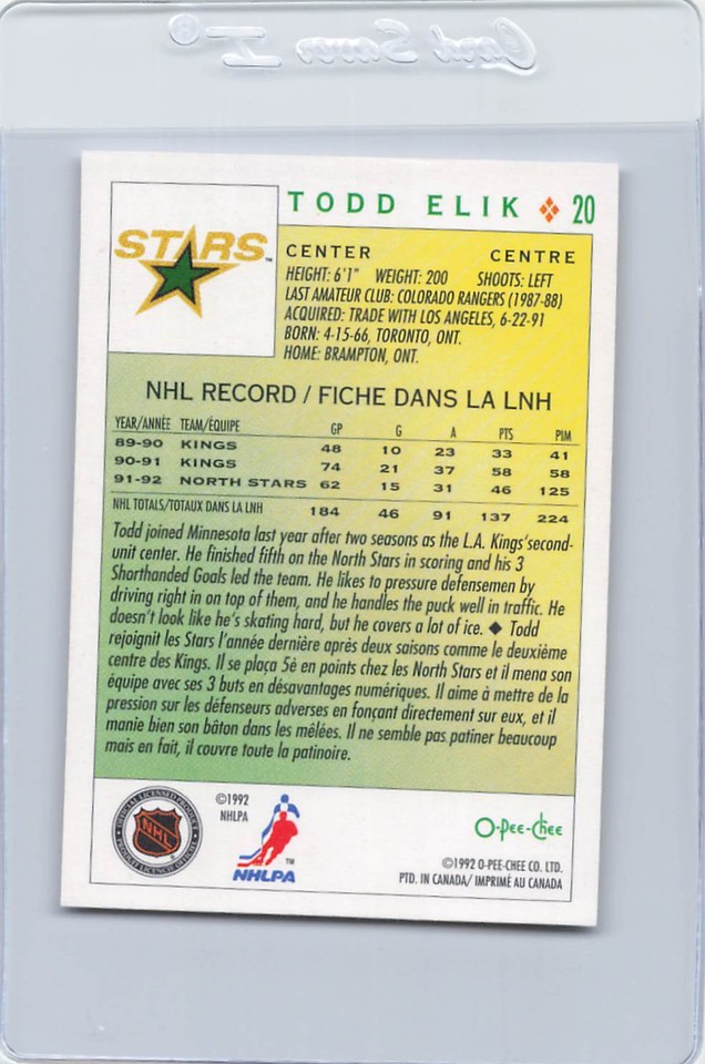 1992/93 O-Pee-Chee #20 Todd Elik North Stars Signed Auto *J7254 | eBay