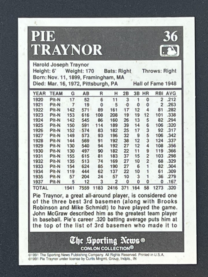 PIE TRAYNOR 1991 Conlon Collection #36 Pittsburgh Pirates | eBay