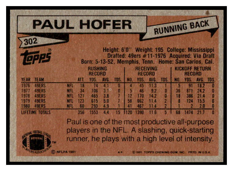1981 Topps #302 Paul Hofer San Francisco 49ers Excellent | eBay