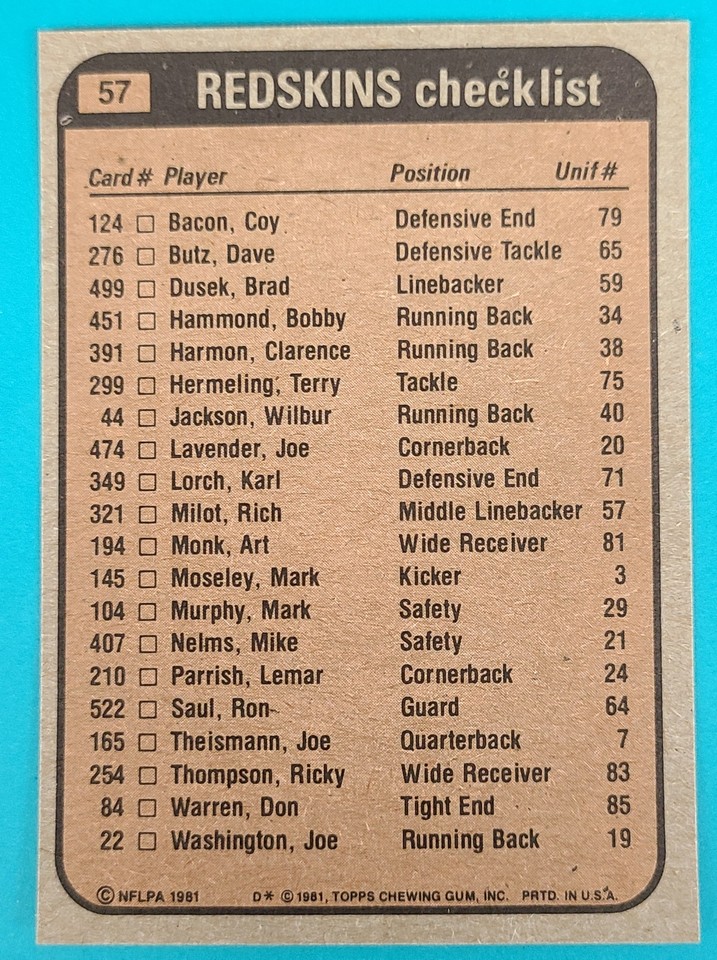 1981 Topps - Washington Team CL #57 Art Monk / Coy Bacon Card I | eBay