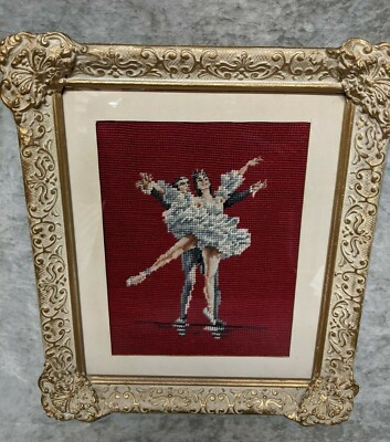 Vintage Needlepoint Ballet Dancers Framed With Glass 16.5" x 14" Gesso ...