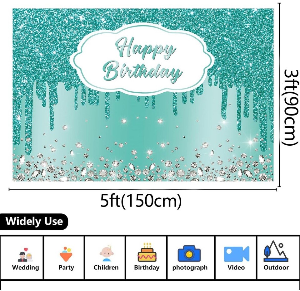 XCKALI Teal Blue Birthday Backdrop and Tablecloth Kit Glitter Teal Blue ...