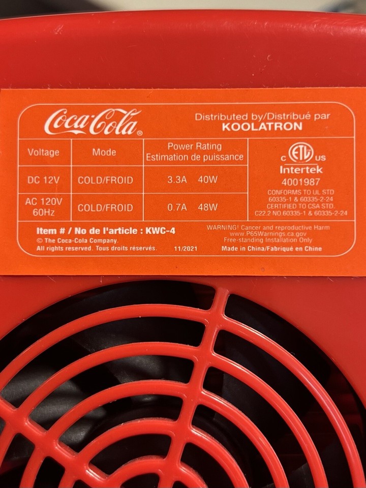 Koolatron Classic Coca-Cola 4 Liter/6 Can Portable Cooler..2A | eBay