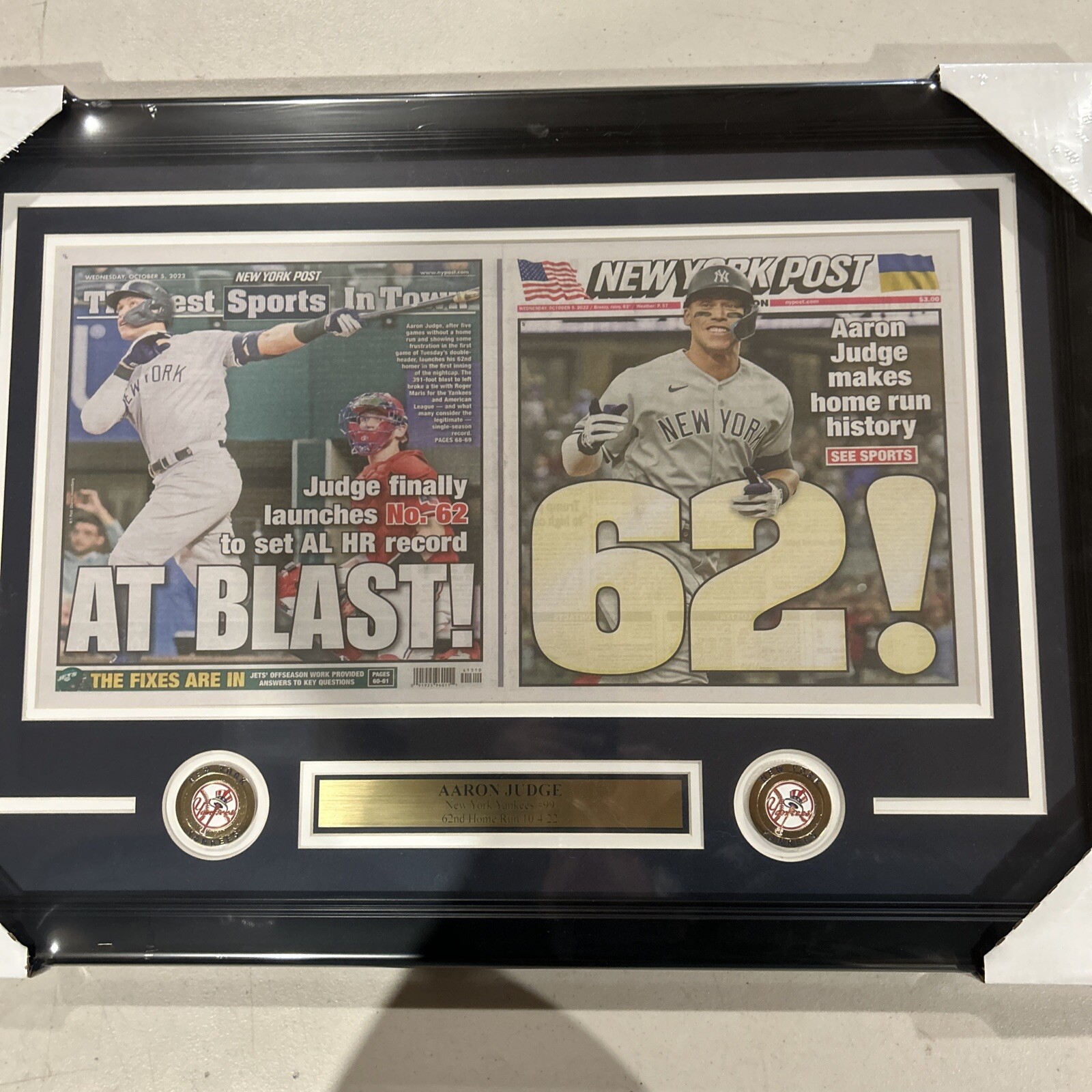 Aaron Judge 62 home runs record Framed Newspaper New York Post NY ...