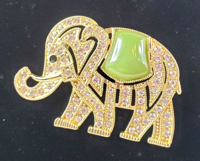 Monet Elephant Brooch Pin Gold Tone Rhinestones Green Faux Jade 2" | eBay