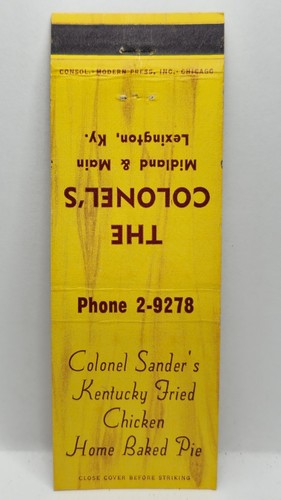 Vintage Matchbook Cover COLONEL’S Restaurant KFC Sanders Kentucky Fried ...