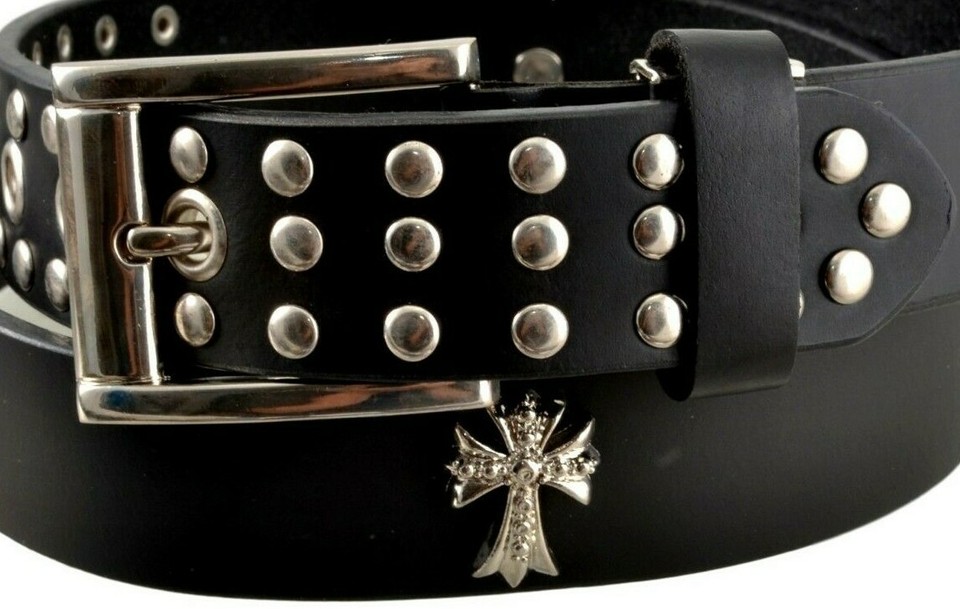 Black Leather Chrome Studded Unisex Belt With Crosses Metal Buckle ...