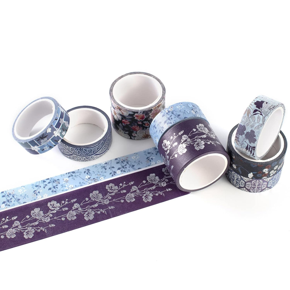 Elegance Blue Washi Tape Set 8 Rolls Wide Silver Embellishment ...