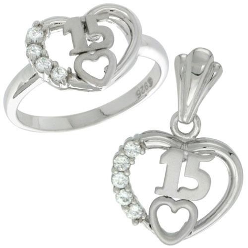 925 Sterling Silver Quince Anos 15 Heart CZ Sweet 15 Ring & Charm ...