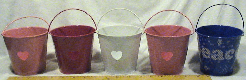 Lot of 5 Tabletop Decorative Tin Buckets - 2 Pink, 1 White, 1 Red & 1 ...