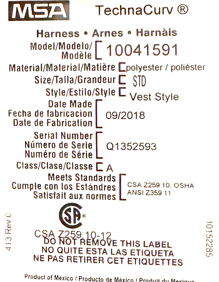 MSA Technacurv 10041591 Full Body Vest Style Harness RFID Enabled New ...