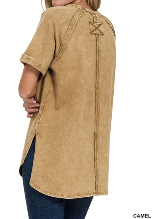 Zenana French Terry Acid Wash Raw Edge Raglan Short Cuff Double Back ...