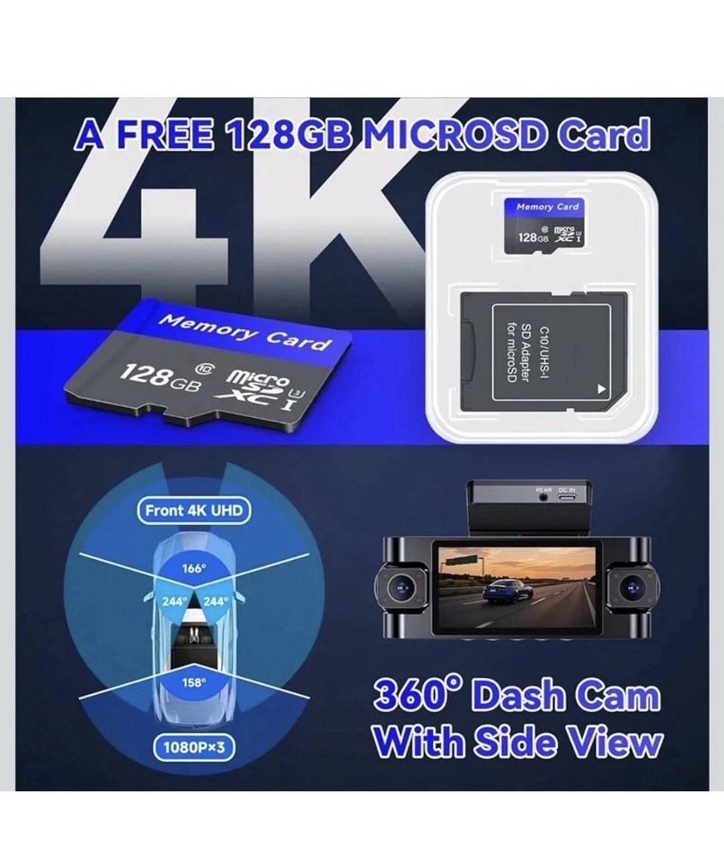 4 Channel Dash Cam 360° View,4K Front Rear Inside Dashcam,Left Right ...