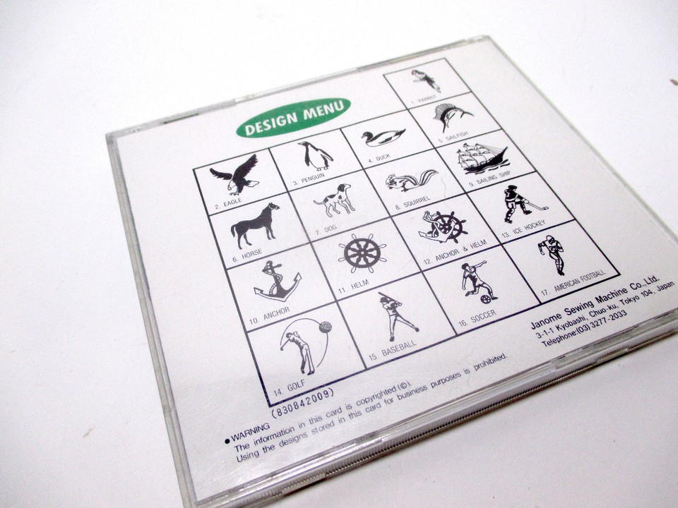 Janome Sewing Memory Card #4 embroidery animals birds nautical sports ...