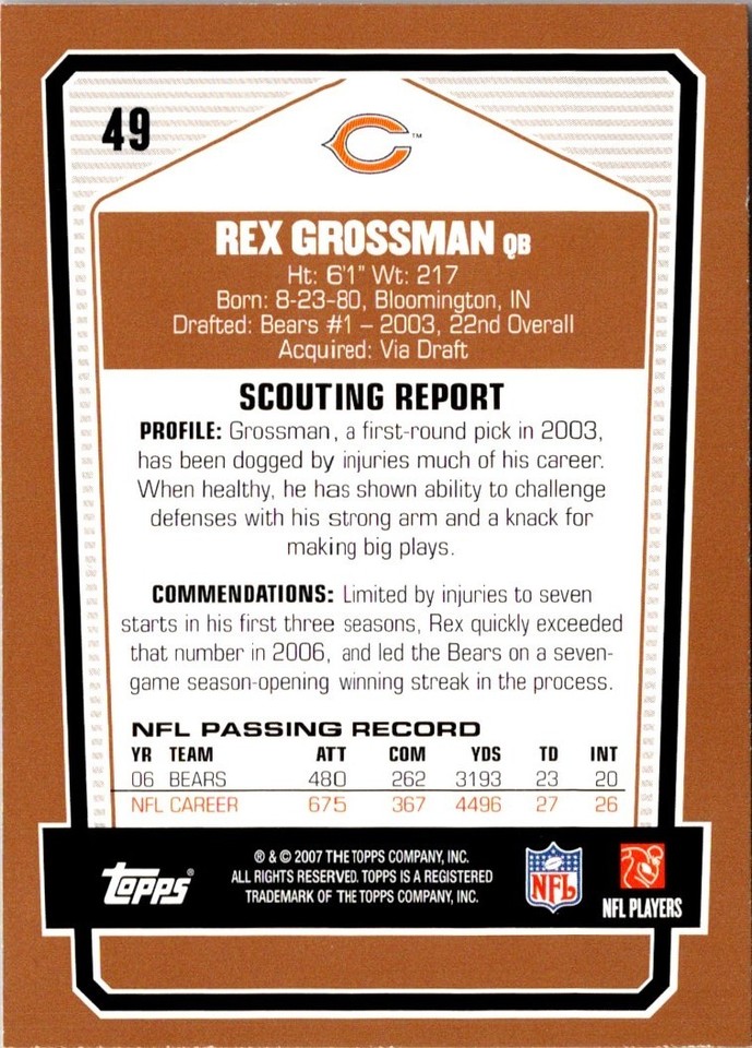2007 Topps Draft Picks & Prospects Rex Grossman #49 Chicago Bears ...