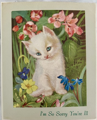 Vintage MARIAN HEATH Kitten Cat Get Well Greeting Card White Pink Blue ...