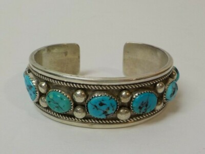 1970's Leander Nezzie Signed Sterling Silver & Turquoise Cuff Bracelet ...