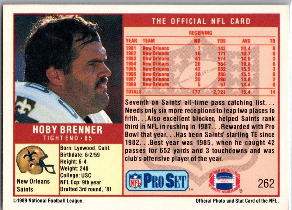 1989 Pro Set #262 Hoby Brenner New Orleans Saints Football Card | eBay