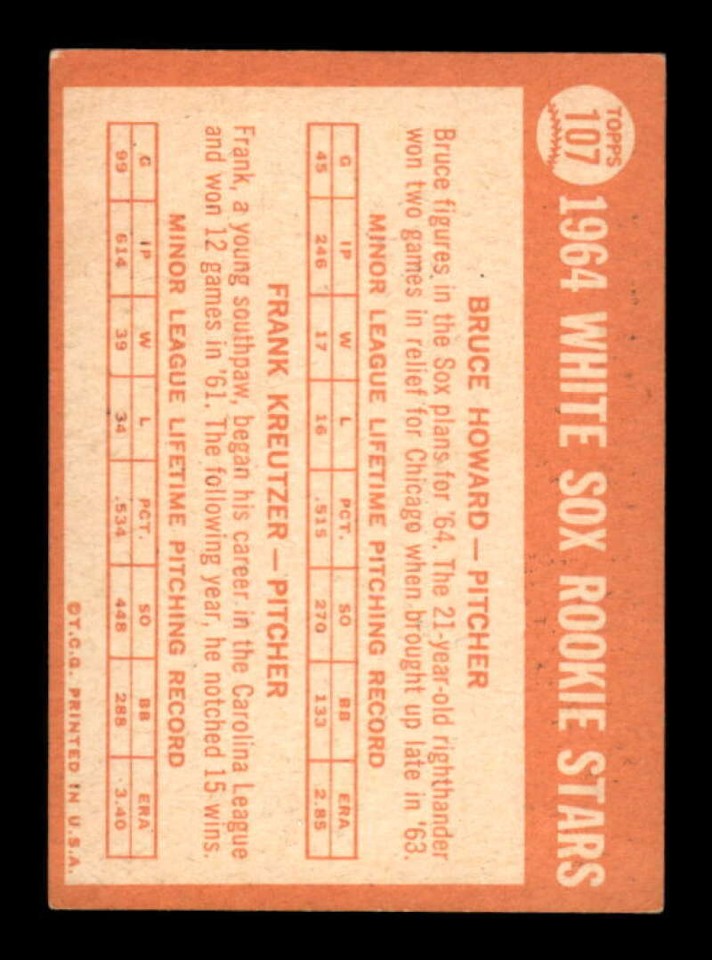 1964 Topps #107 Bruce Howard/Frank Kreutzer VG/VGEX RC Rookie White Sox ...