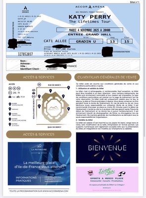 Place Concert Katy Perry à L’Accor Arena 04/11 CAT1 | eBay
