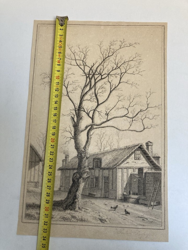 Very Nice Drawing Xixth 1850 Mine Lead Pencil Landscape Farm Hen Animal ...