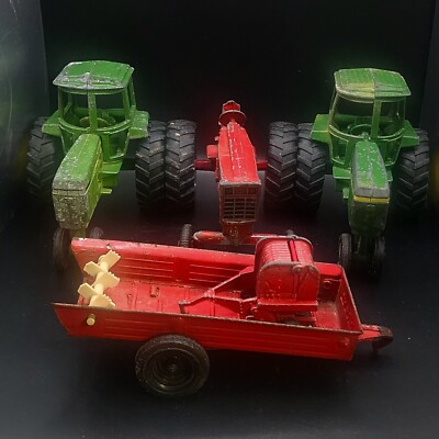 Vtg Lot Of Metal Farm Equipment, 2 John Deere & 1 Ertle Tractor W/2 ...