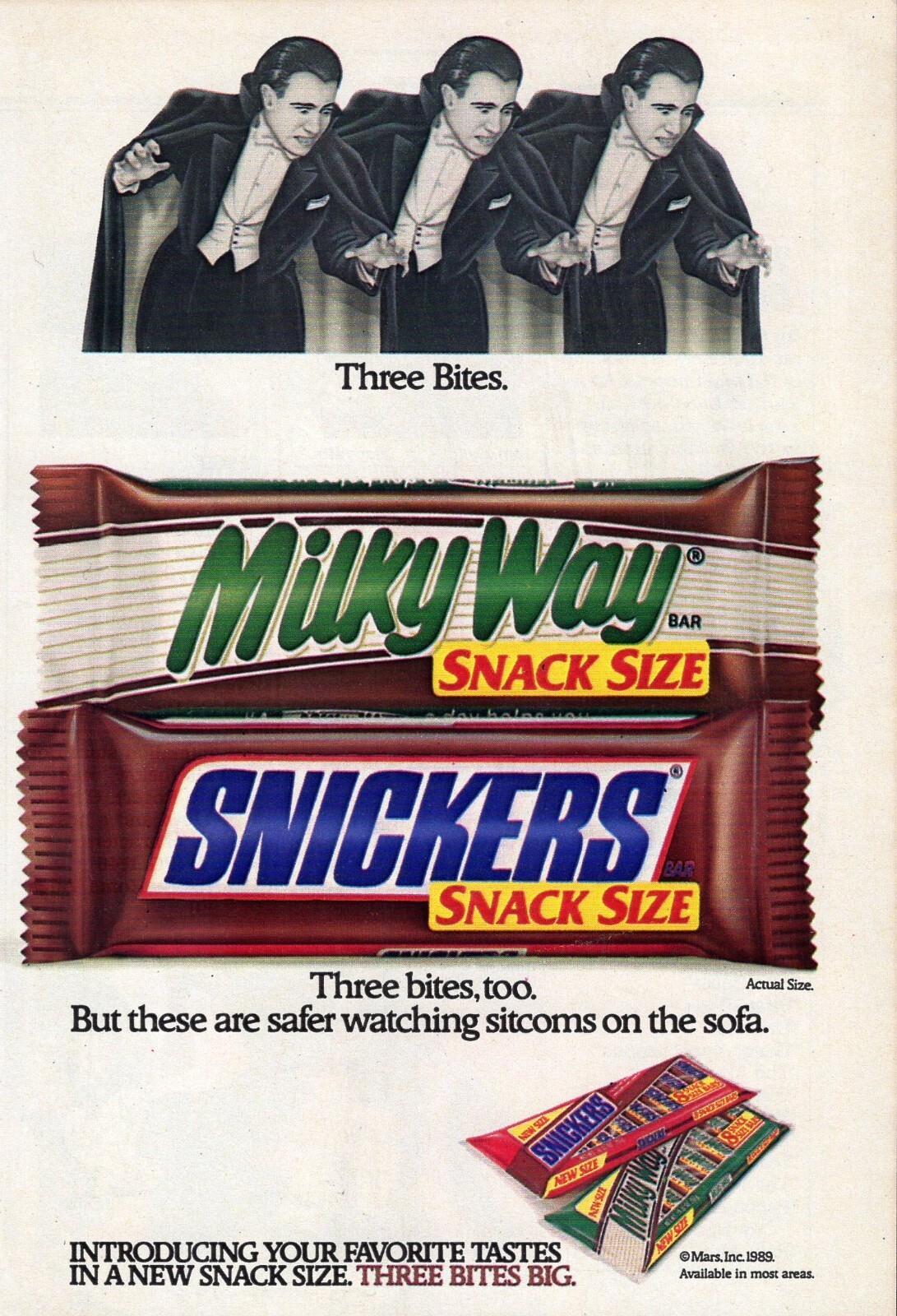 1989 PRINT AD MILKY WAY & SNICKERS CANDY BAR SNACK SIZE DRACULA THREE ...
