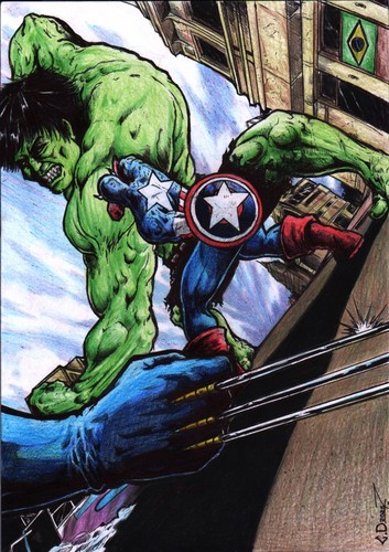 Hulk vs Captain America and Logan (09"x12") by Carlos Dias - Ed Benes ...