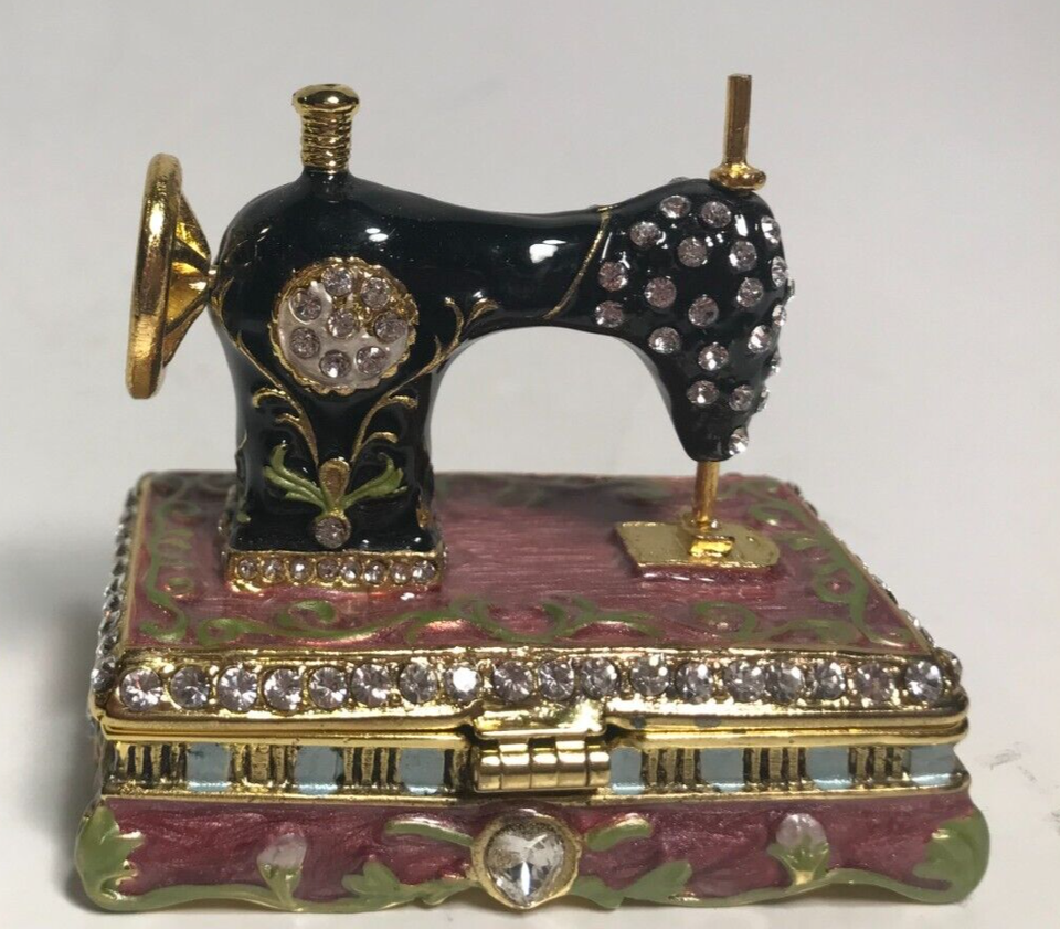 BEJEWELED ~ ENAMEL "ANTIQUE SEWING MACHINE" HINGED TRINKET BOX ...