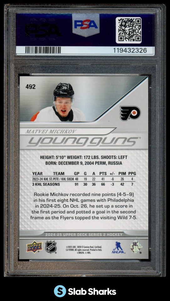2024 UPPER DECK #492 MATVEI MICHKOV YOUNG GUNS ROOKIE RC GEM MINT PSA ...
