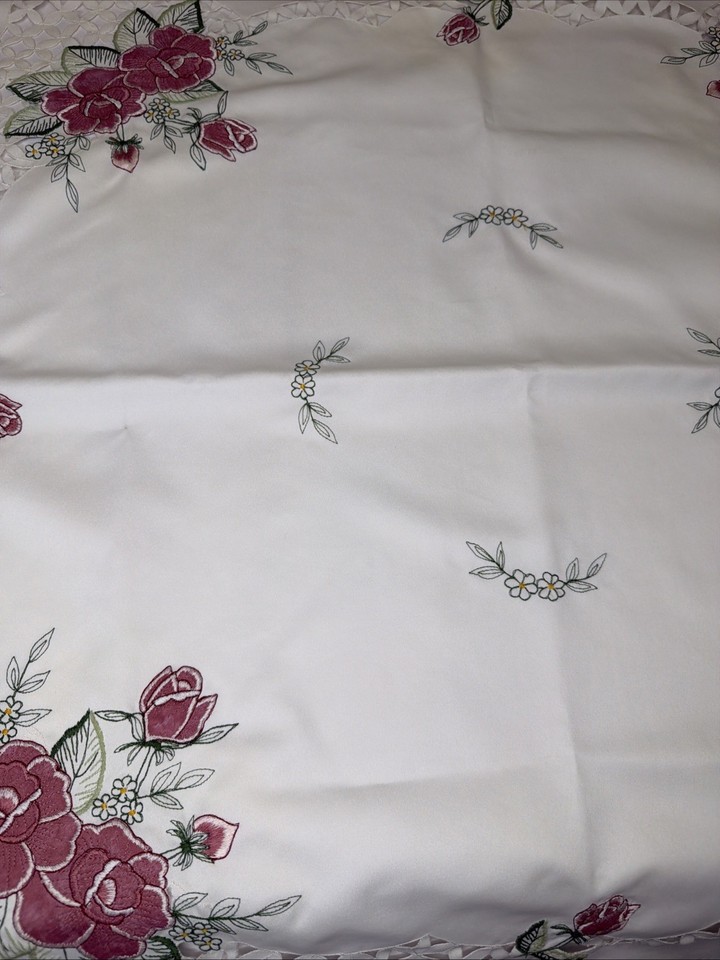 Spring Embroidered Rose Daisy Floral Cutwork Tablecloth 34x34" Square ...