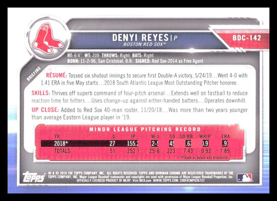 2019 Bowman Chrome Draft Denyi Reyes BDC-142 Boston Red Sox | eBay