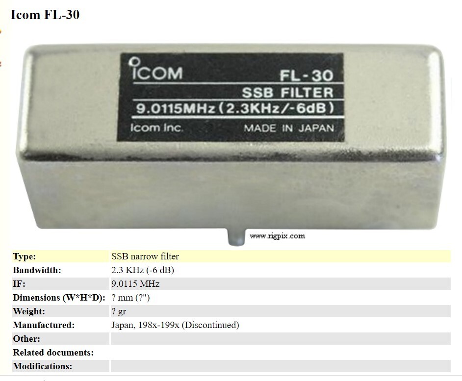 ICOM FL-30 2.3Khz SSB Filter for IC-730 IC-735 IC-740 IC-745 IC-751 IC ...