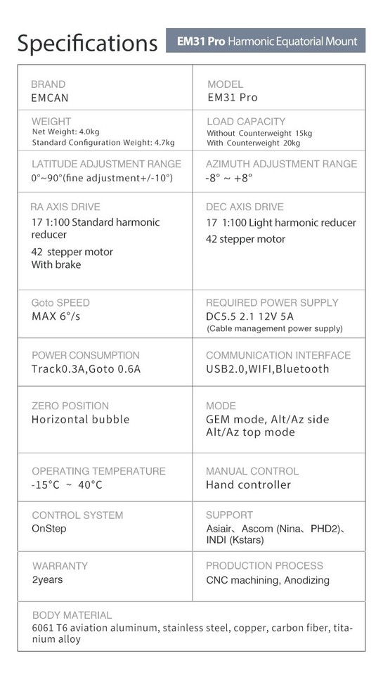 Emcan Astro EM31 Pro mount ，Telescope mount，Strain wave equatorial ...