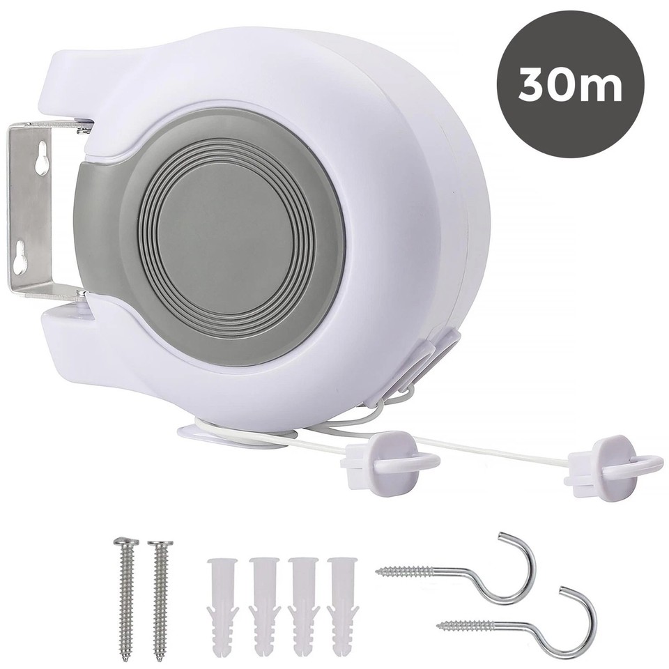 30m Retractable Clothes Reel Double Washing Line Wall Mounted Outdoor ...