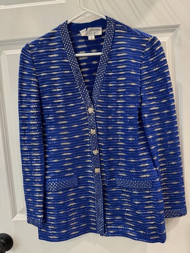 St. John Blue Knit Jacket and Pant Suit Set w/ Gold Stitch Pattern ...