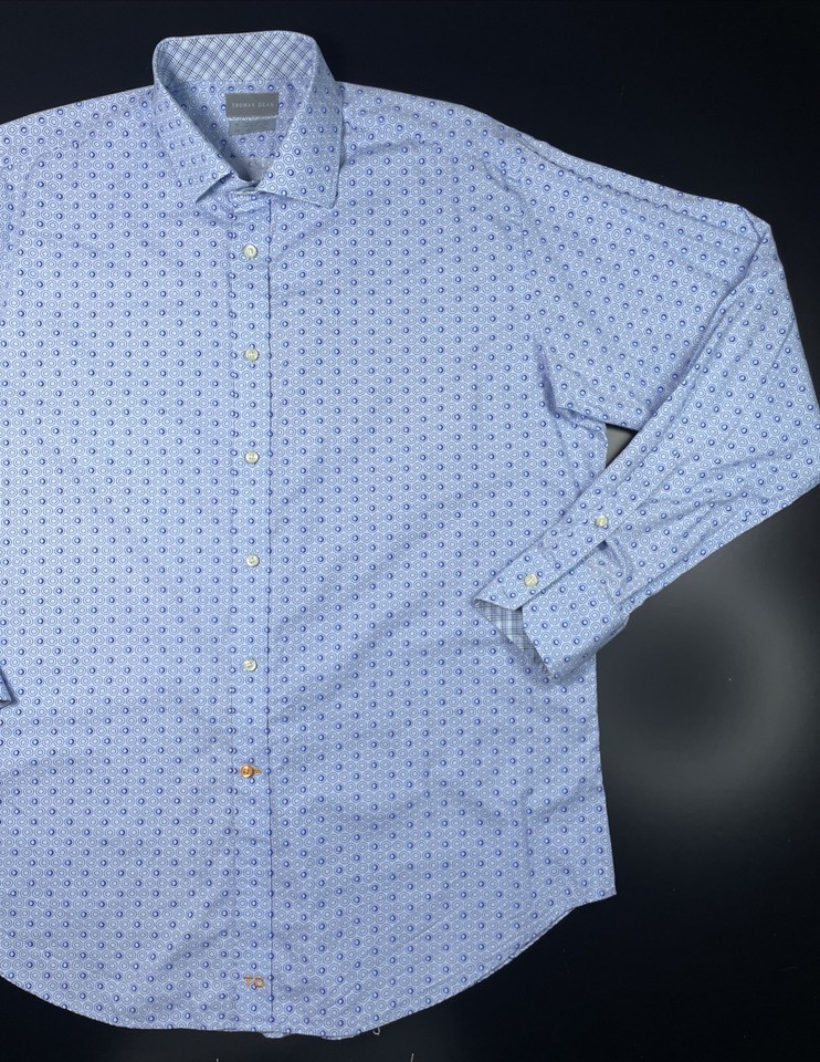 Thomas Dean Mens XL Blue Geometric Long Sleeve Button Down Shirt Flip ...