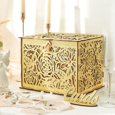 Glittery Gold Wedding Card Box with Lock Wooden Gift Card Box for ...