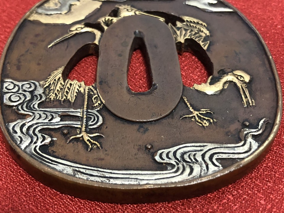Samurai Katana Tsuba Handguard Sord Antique Edo Gold Bird Moon Japanese ...
