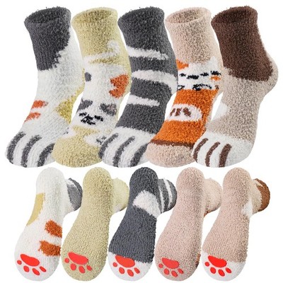 5 Pairs Fuzzy Cat Socks for Women Cozy Soft Fluffy Cute Animal Slipper ...