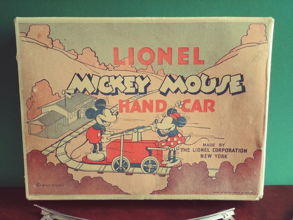 Rare Orange 1930's Lionel Tin Wind-up Mickey Mouse Hand Car Tinplate w ...
