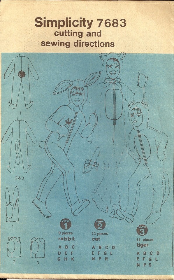 Simplicity Sewing Pattern Costume #7683 Child's Bunny Tiger Cat Size 6 ...