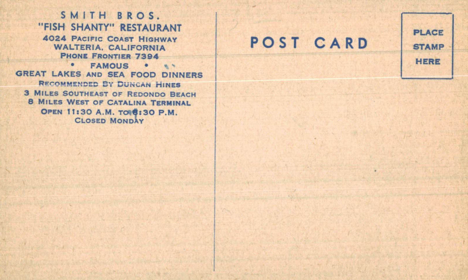 VIntage Postcard-Smith Bros. Fish Shanty Restaurant, Walteria, & Map ...